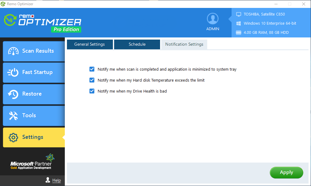 Working with Notification Settings in Remo Optimizer